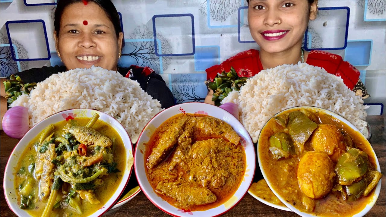 Mukbang eating rice with 🔥🌶️fish masala egg vegetable curry saag fish ...