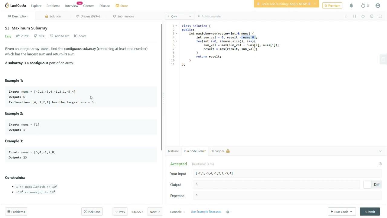 Maximum Subarray | LeetCode | C++ (Kadane's Algorithm) - YouTube