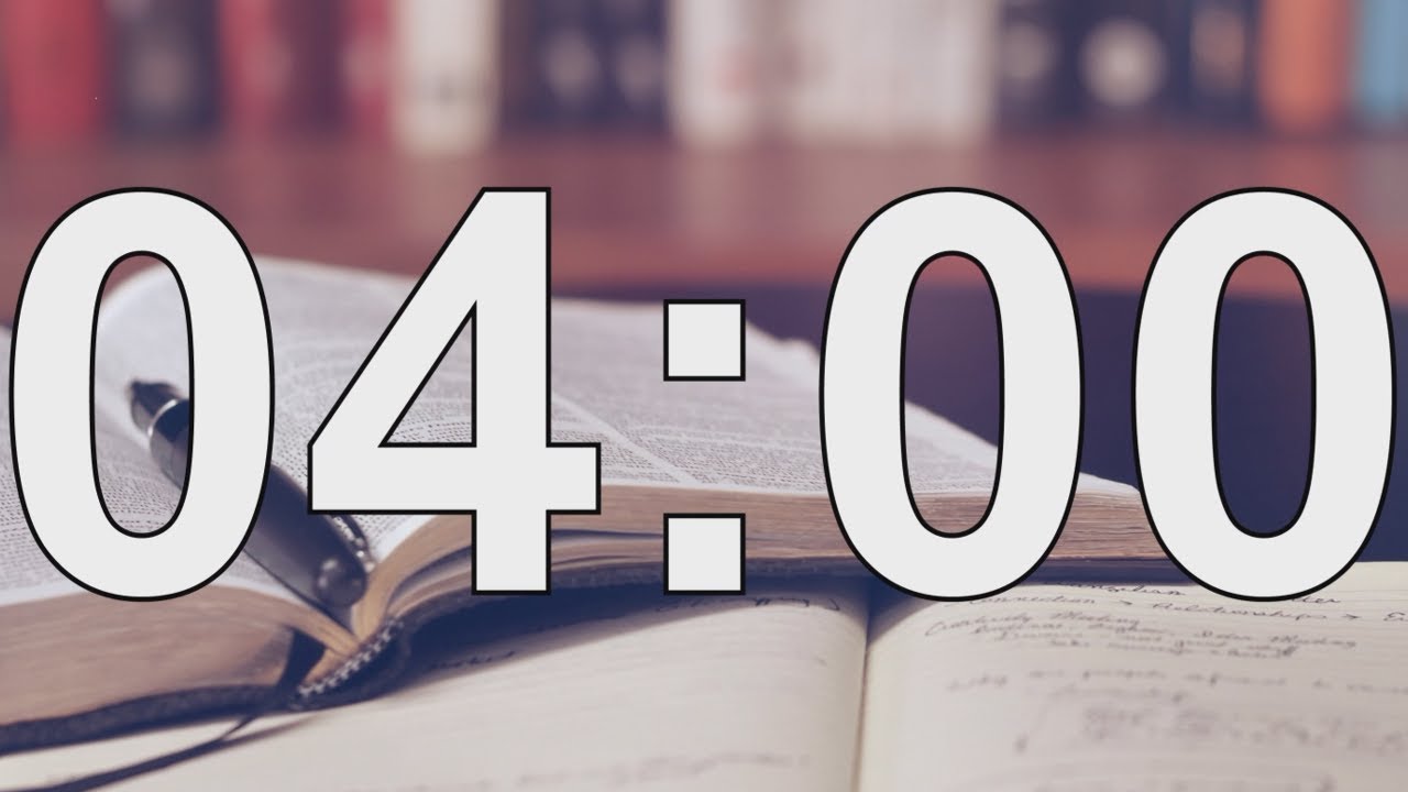 4 minute timer with background music for study. Background with book on ...