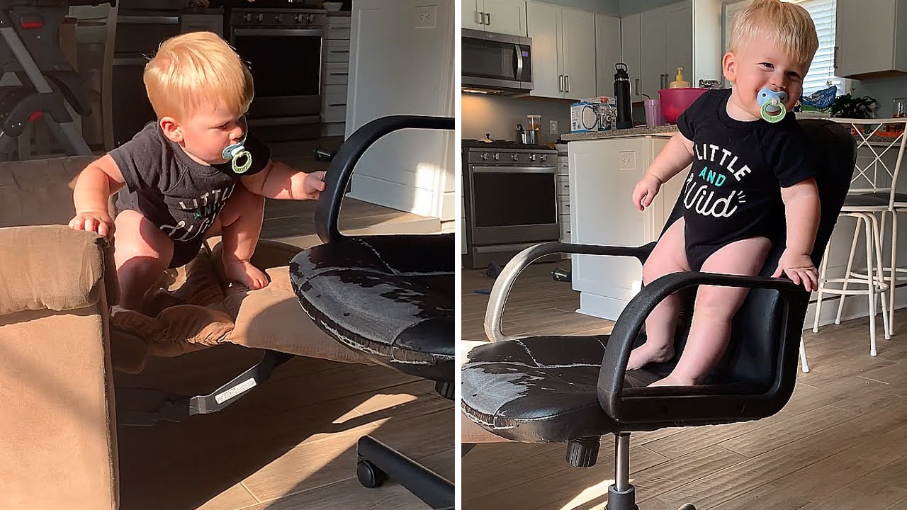 Fearless kid is on hilarious mission to climb on the computer chair ...