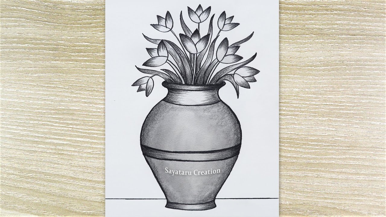 How To Draw Flower With Vase, Flower Pot Drawing With Pencil, Pencil ...