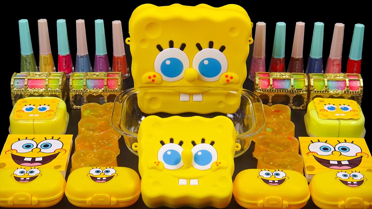 ASMR Spongebob Squarepants Slime⭐️Mixing Makeup,Eyeshadow,Shiny Things ...