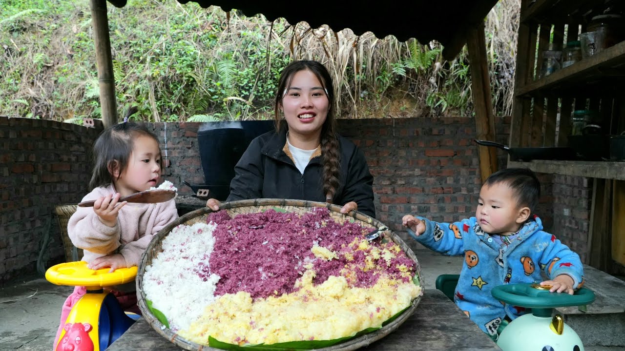 How to make colored sticky rice on a rainy day with your little son ...