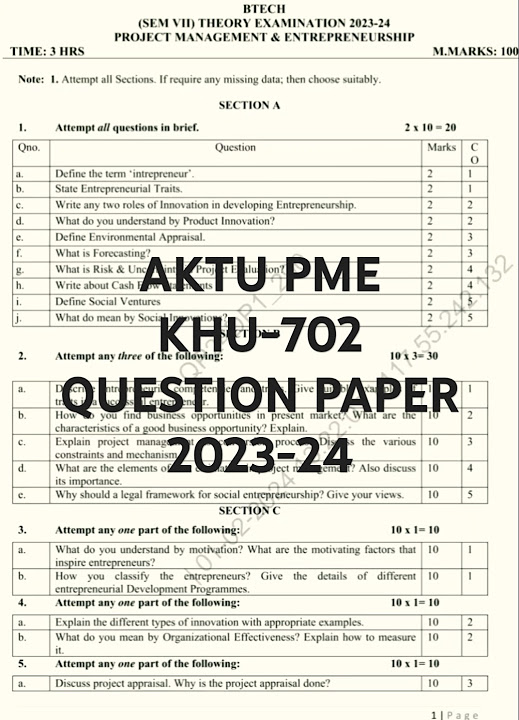 AKTU 2023-24 PME|| KHU-702 Question Paper #exam #btech #aktu #pme #entrepreneur #management # ...