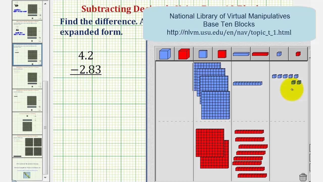 Ex 2: Find the Difference of Two Decimals Using Base Ten Blocks - YouTube