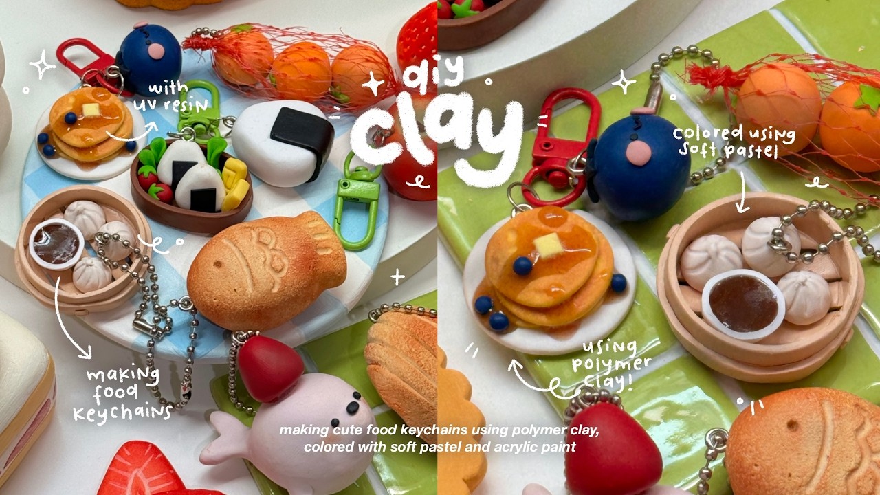 making food clay keychains🍓🍱🍙🫐 using polymer clay - YouTube