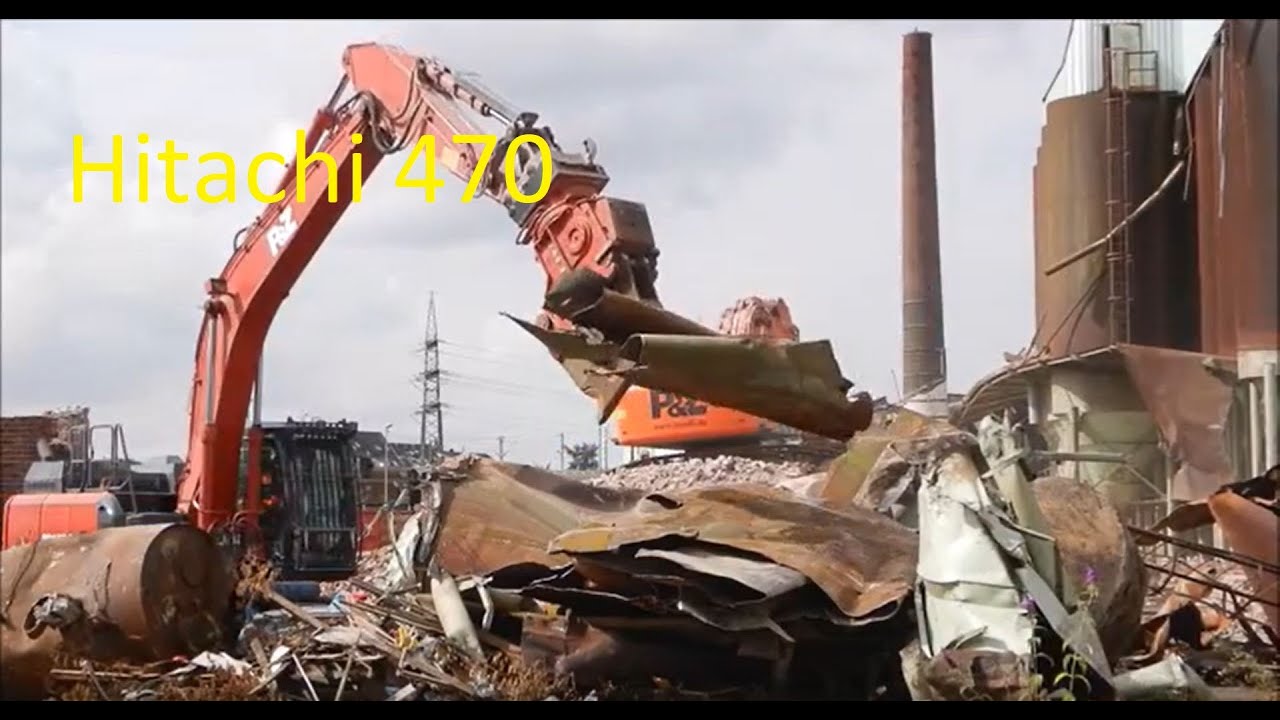 Excavator Hitachi 470 -demolition site - YouTube