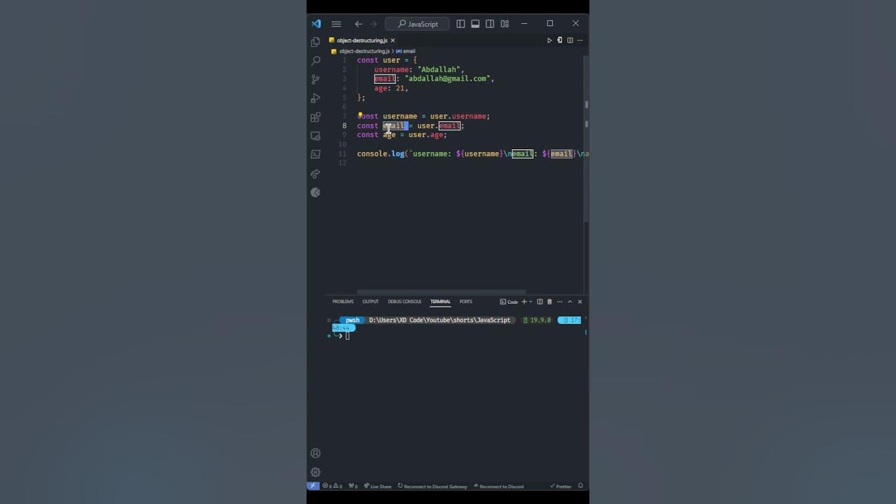 Object Destructuring In Javascript Javascript Webdevelopment Shorts Xdcode Youtube