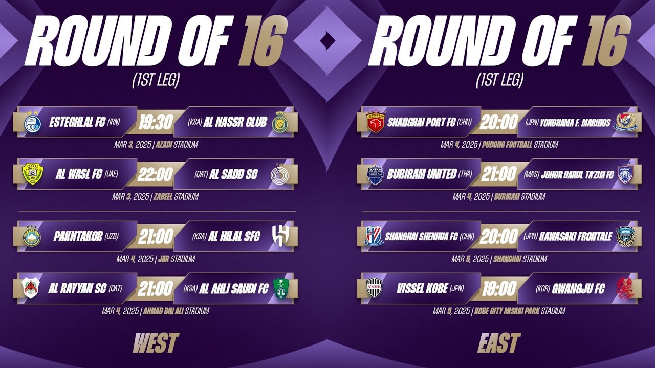 AFC Champions League Elite Round of 16 Fixtures • Match Schedule Round of 16 ACL Elite 2025 ...