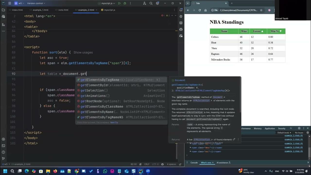 شرح ترتيب الجدول تصاعدي او تنازلي عن طريق الجافا سكربت (JavaScript) - CPIT 405 - YouTube
