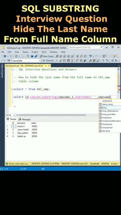 SQL interview question hide the last name from full name using substring with concat #sqlserver ...