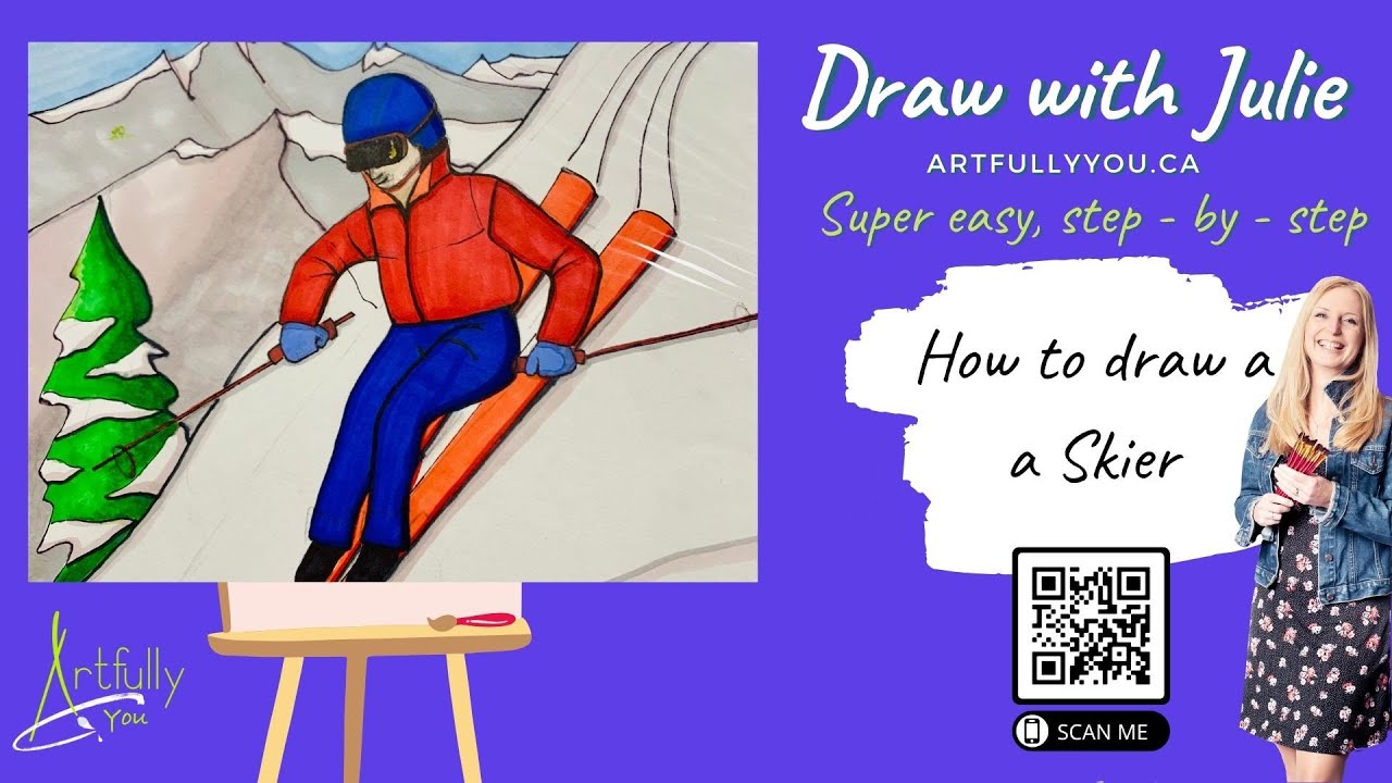 How to draw a person skiing, easy skier drawing - YouTube