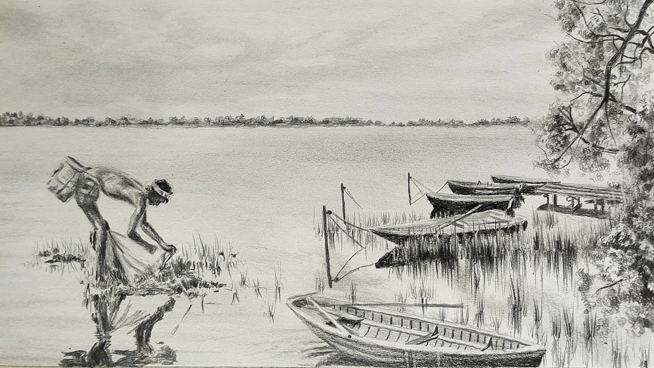 Easy River Side Scenery Pencil Drawing With Fisherman - YouTube