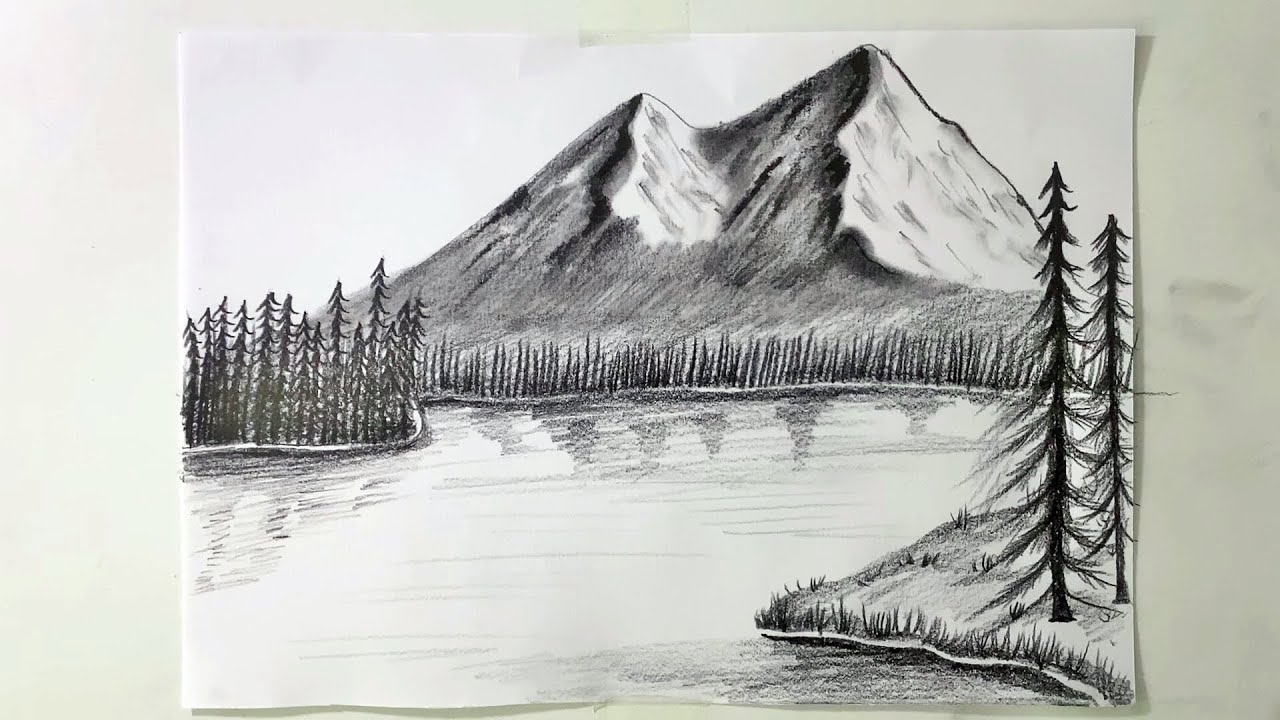 Mountain, lake and landscape drawing with pencil drawing - YouTube