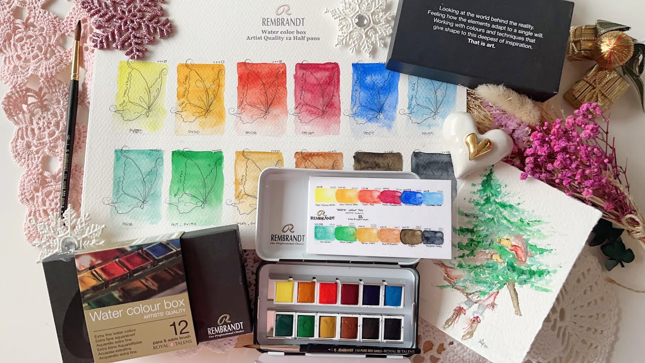 Rembrandt Watercolors Box Artists Quality Set 12 halfpans & sable brush ...
