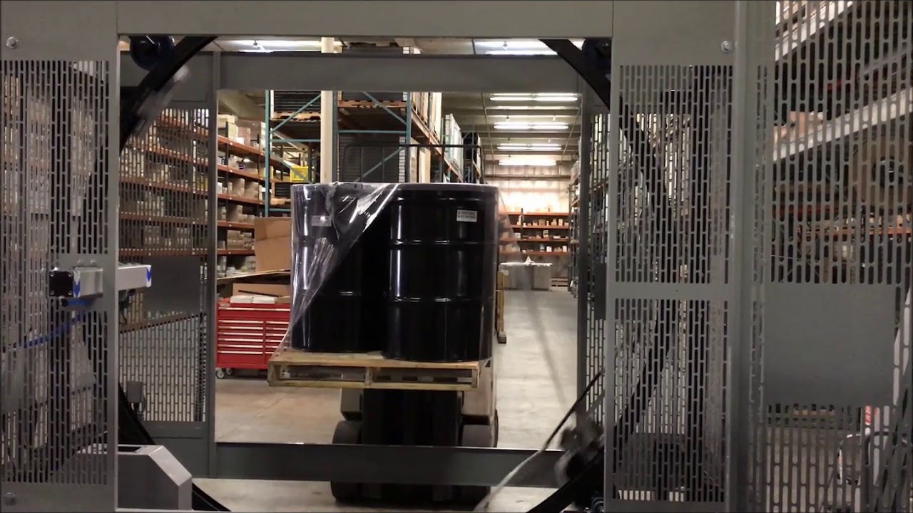 Steel Drum Pallet Wrapped on a Stand-Alone Unit - YouTube