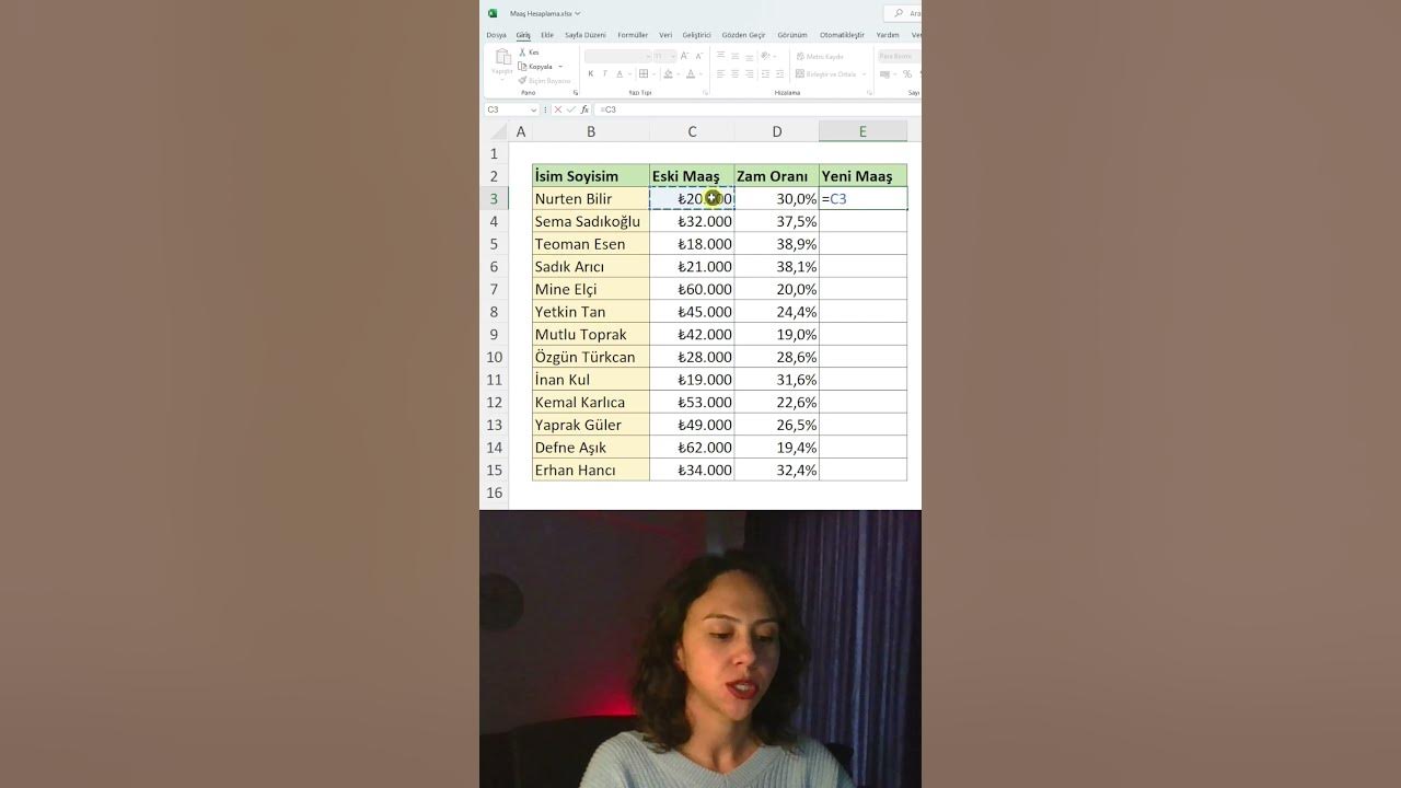 Excel'de Zam Oranına Göre Maaş Hesaplama #excel #exceltips #exceltricks #exceldersleri - YouTube