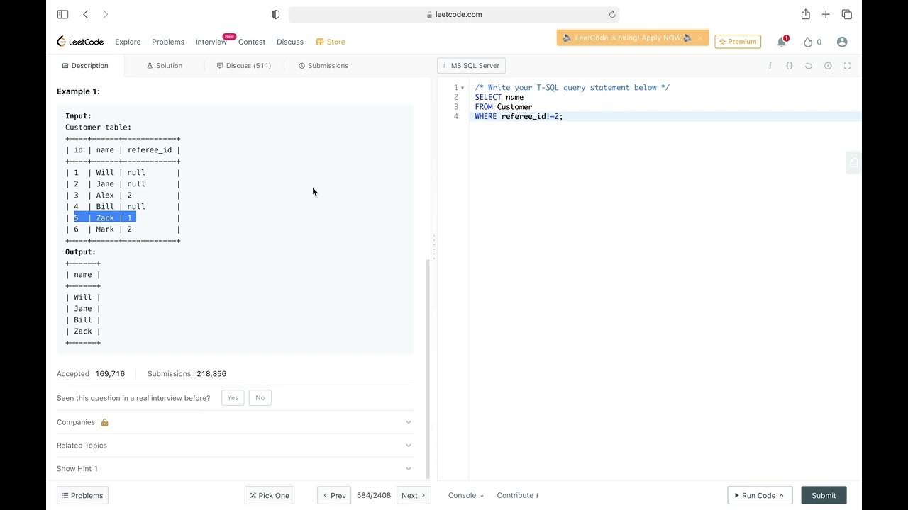 Find Customer Referee #leetcode #mssqlserver #easy - YouTube