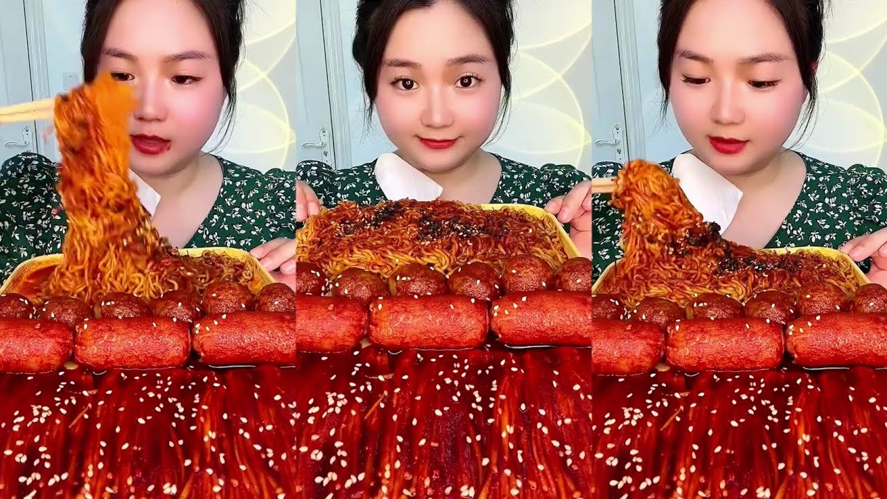 asmr mukbang / eating enoki mushroom with noodles meatballs flavor spicy yummy - YouTube