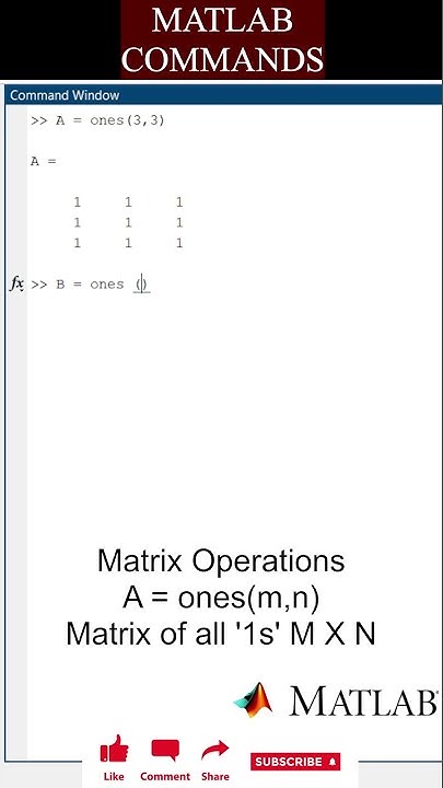 #Shorts #matlabtutorials - Matrix Operations - Matrix of all '1s' (M X N) #command #operators ...