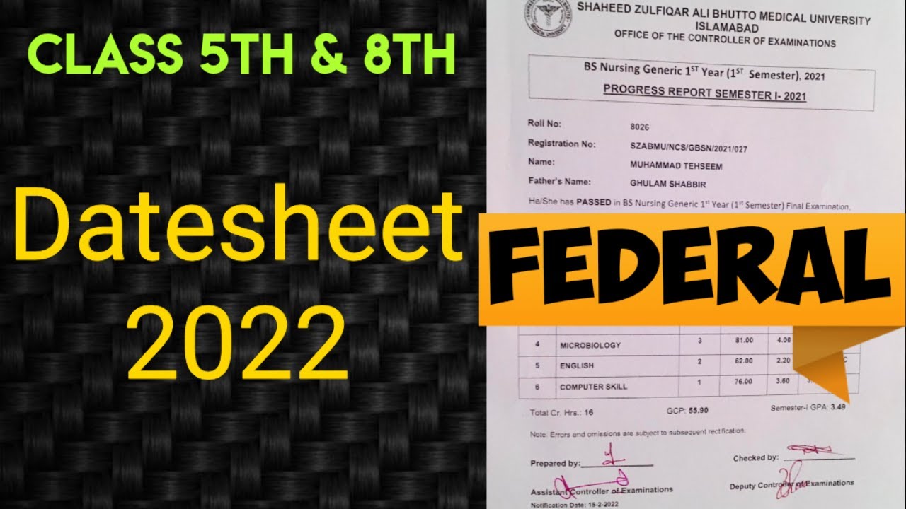 Class 5 date sheet 2022 | Class 8 date sheet 2022 | FDE | 5th & 8th ...