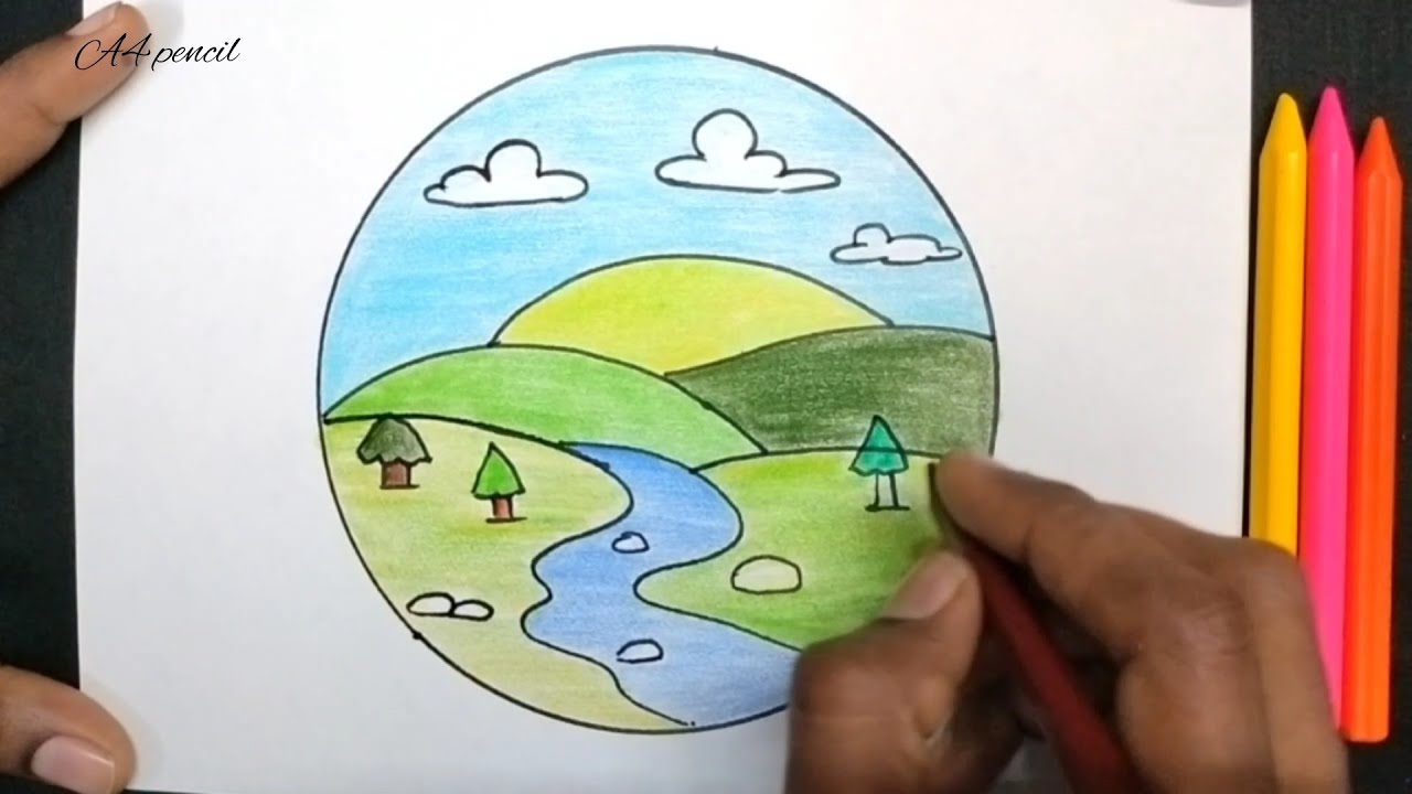 How to Draw a beautiful scenery | landscape view drawing | easy drawing ...
