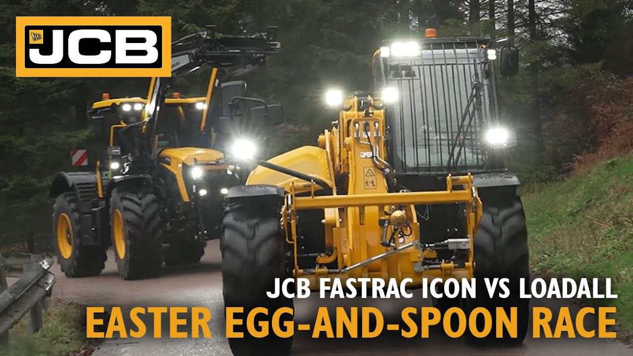 JCB Fastrac iCON vs Loadall: Easter Egg-and-Spoon Race - YouTube