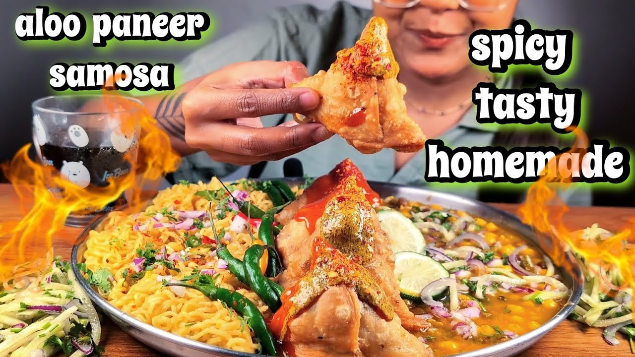 COOKING & EATING BIG ALOO PANEER SAMOSA WITH SPICY CHOLE & INDIAN ...
