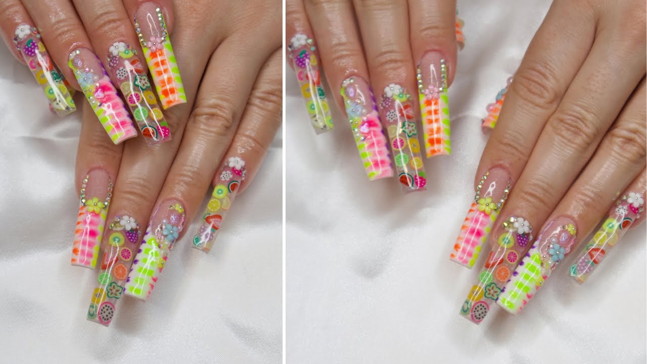 COLORFUL NEON SPRING FLOWER FRENCH CROC PRINT NAILS W/ ENCAPSULATED ...