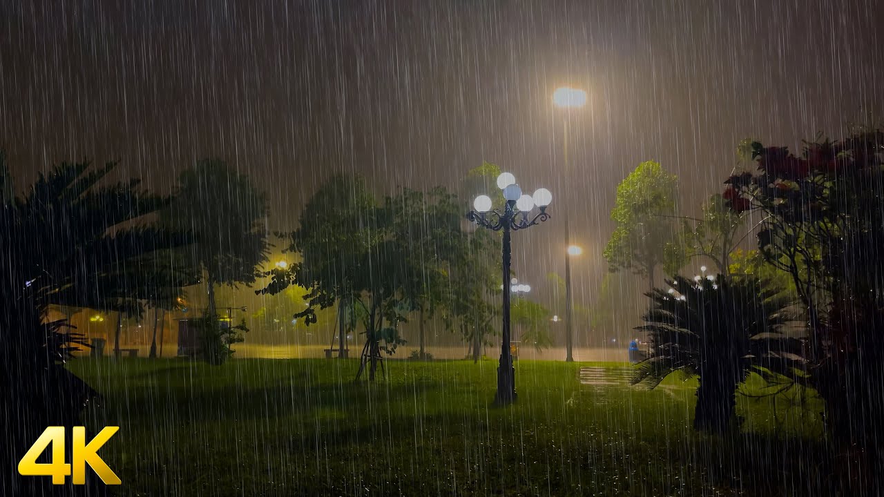 Heavy Rain in a Beautiful Park at Night - Pleasant heavy rain sound for ...