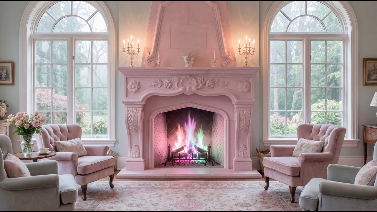 “Rose Manor” 💐 Pastel Parlor Ambience: Pink Fireplace & Rainbow Flames ...