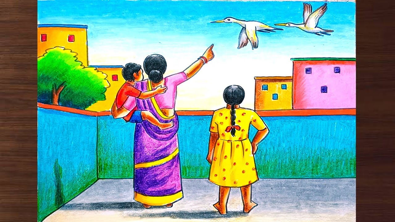 Mother and child scenery drawing step by step/Mother's day drawing with ...