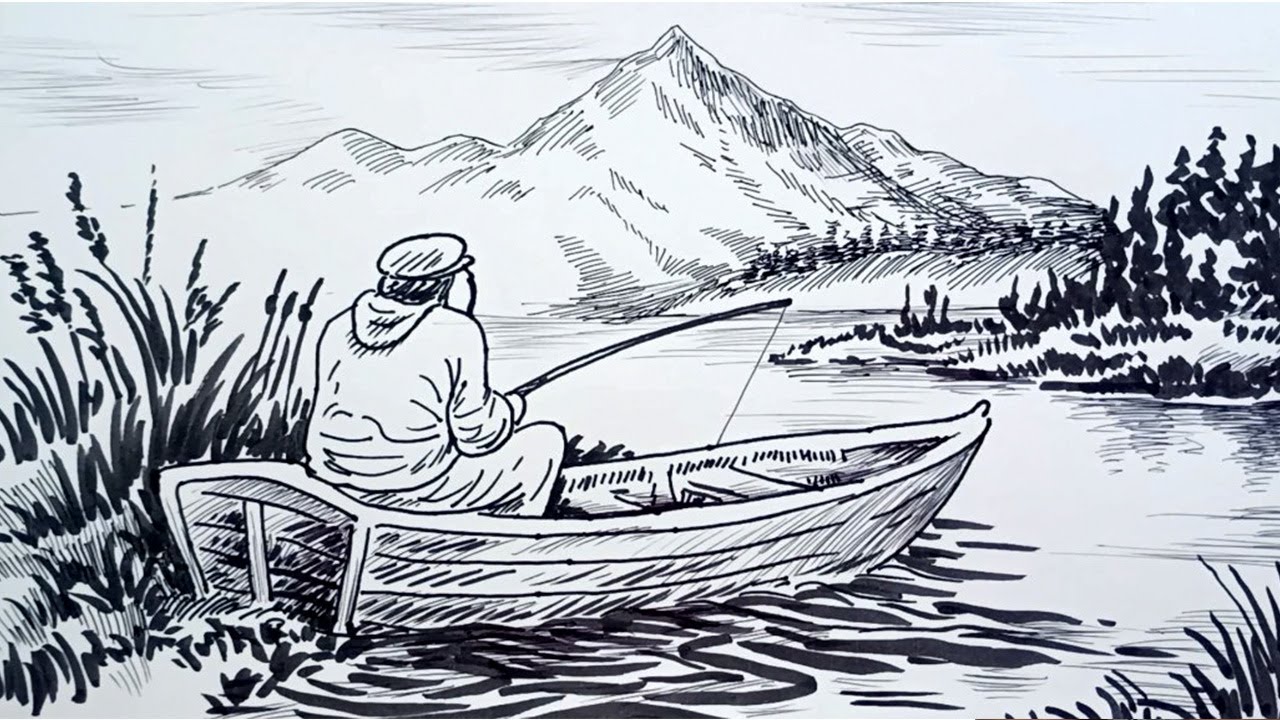 How to Draw a Fisherman in a Boat "Fishing by the Lake – Stunning Hand ...