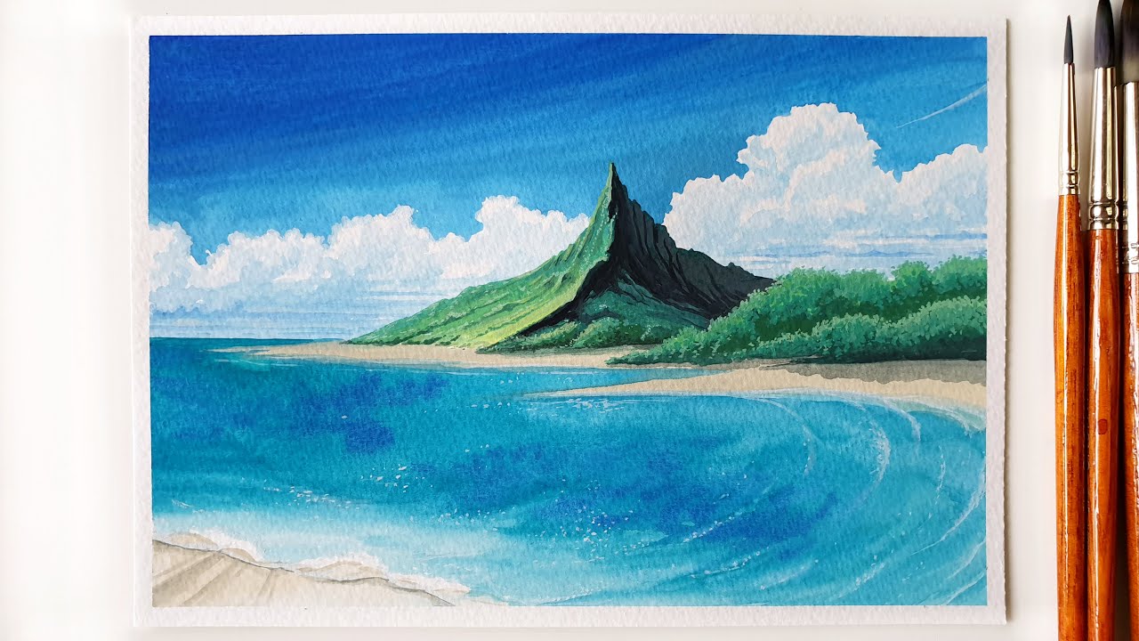 Seascape Beach Painting with Gouache ｜ Ocean Painting - YouTube