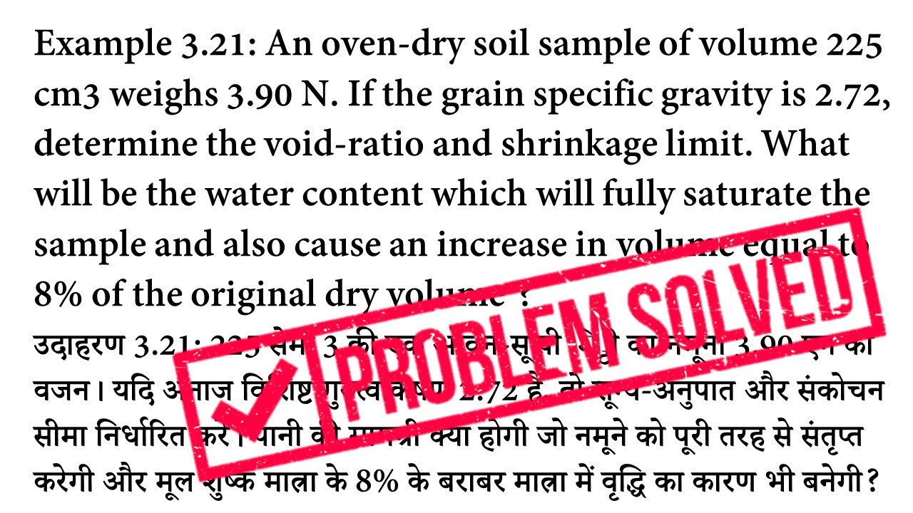 An oven-dry soil sample of volume 225 cm3 weighs 3.90 N. If the grain ...