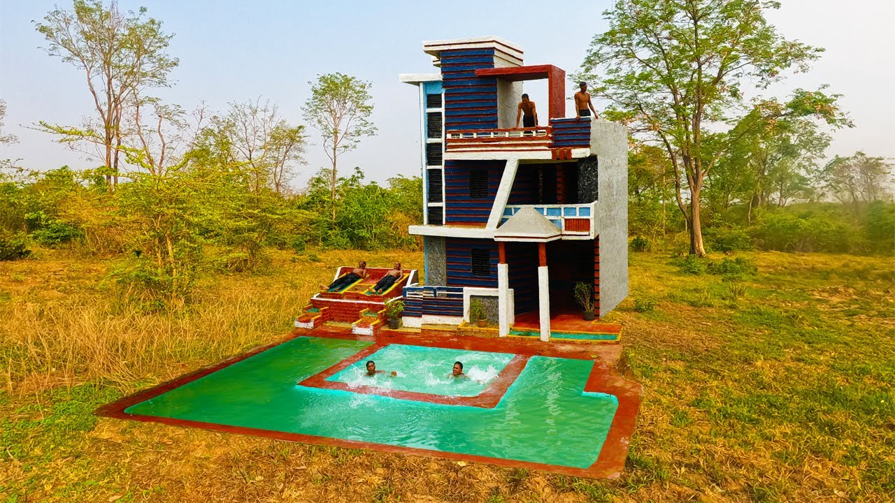 How To Build Most Creative 3-Story Style Mud House And Pool & Seating ...