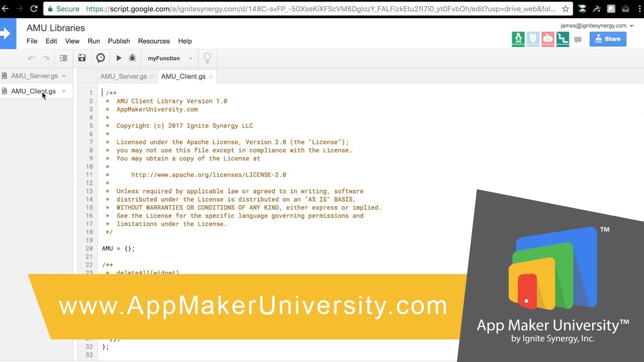 Installing the AMU Library for Google App Maker - YouTube