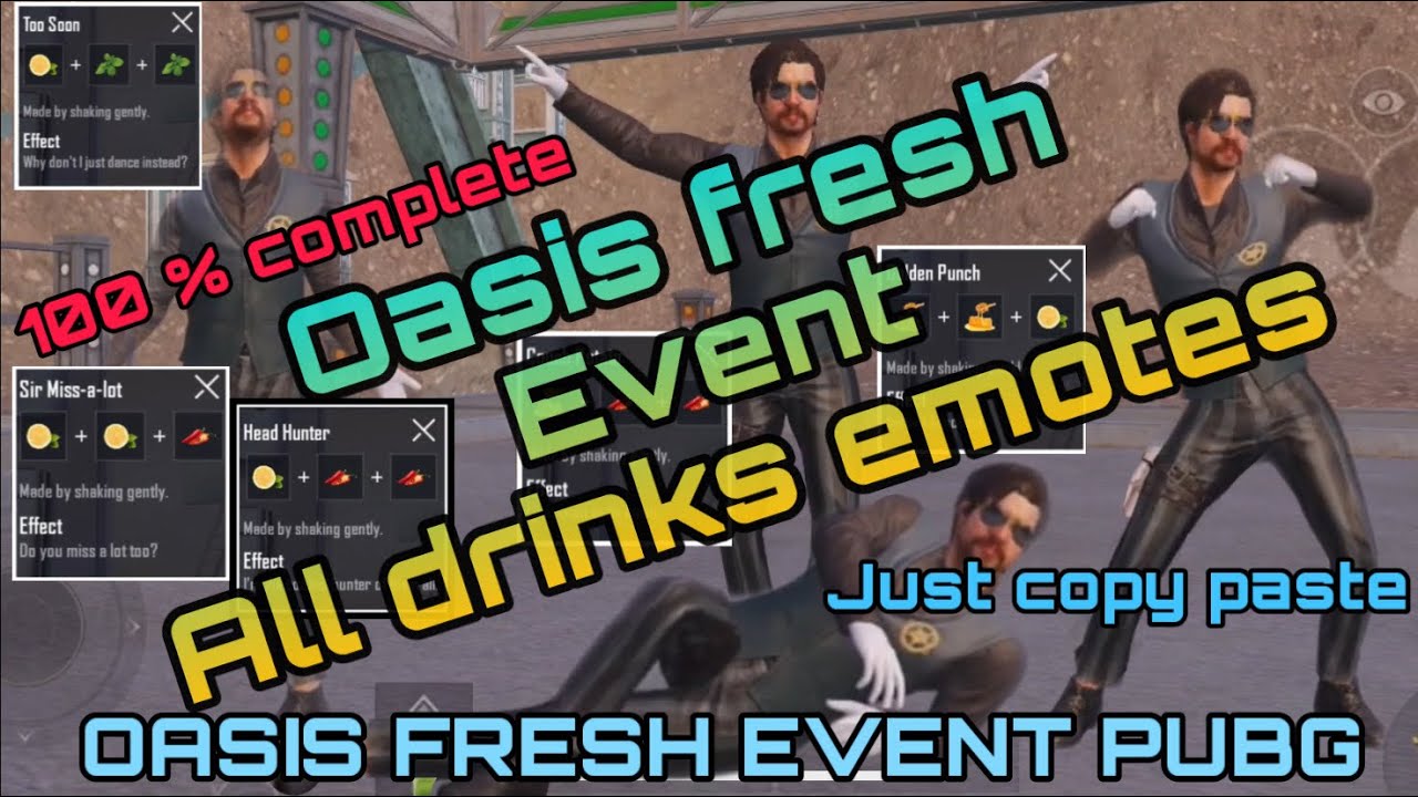 Pubg mobile oasis fresh event all drinks unlock with emotes || drink ...