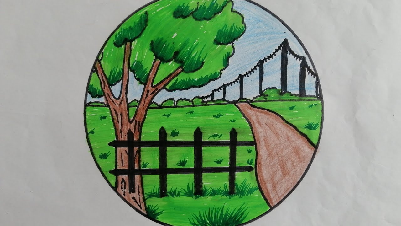 Scenery drawing ll Simple scenery drawing and colouring ll Green haven ...