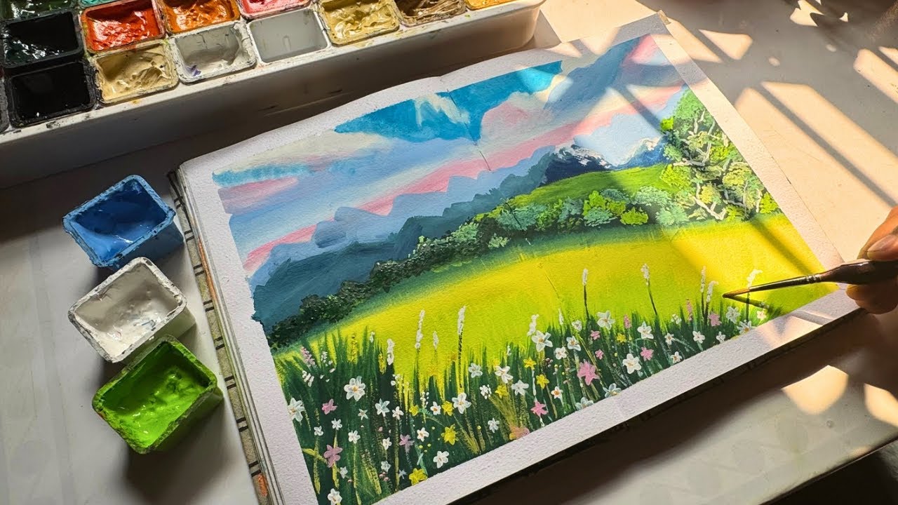 Easy gouache landscape tutorial ||Watercolour landscape tutorial for ...