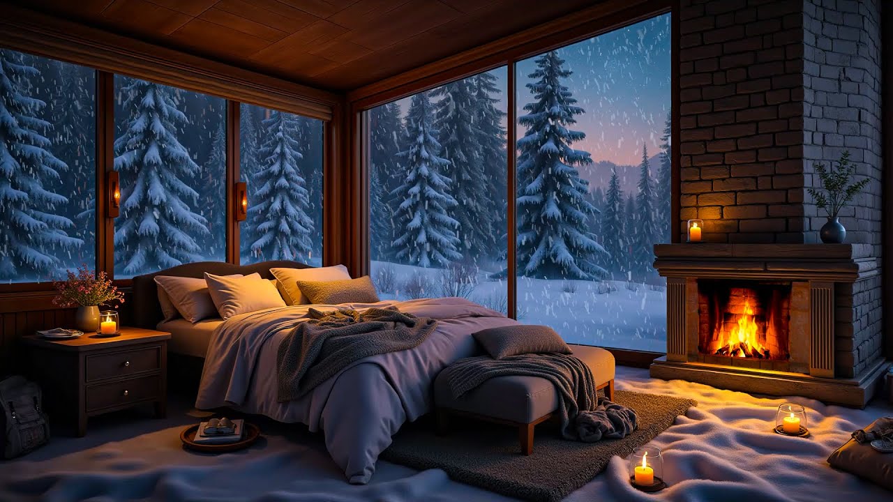 Peaceful Winter In A Cozy Bedroom - Snowstorm And Crackling Fireplace ...