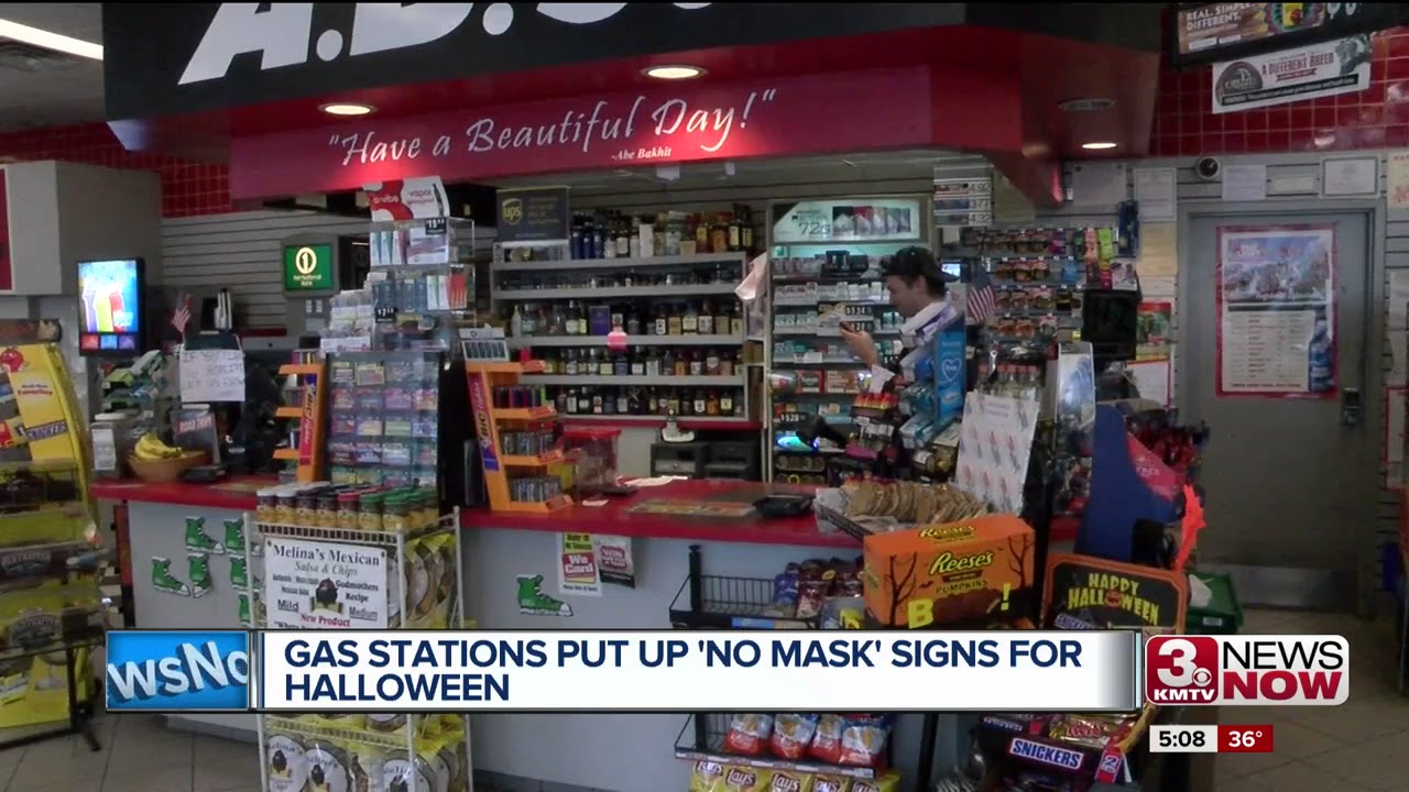 Gas stations put up 'no mask' signs for Halloween - YouTube