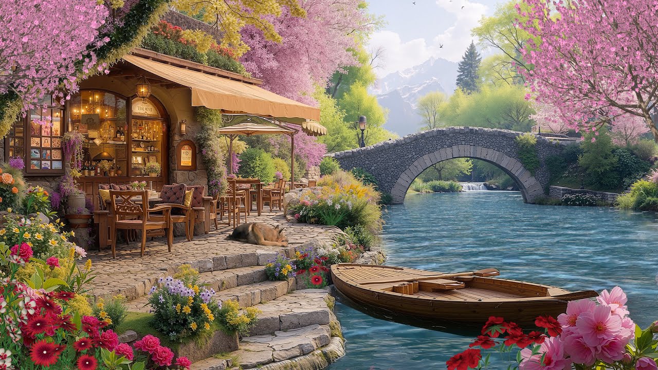 Peaceful Cherry Blossom Forest Ambience on Spring Terrace by the Lake ...