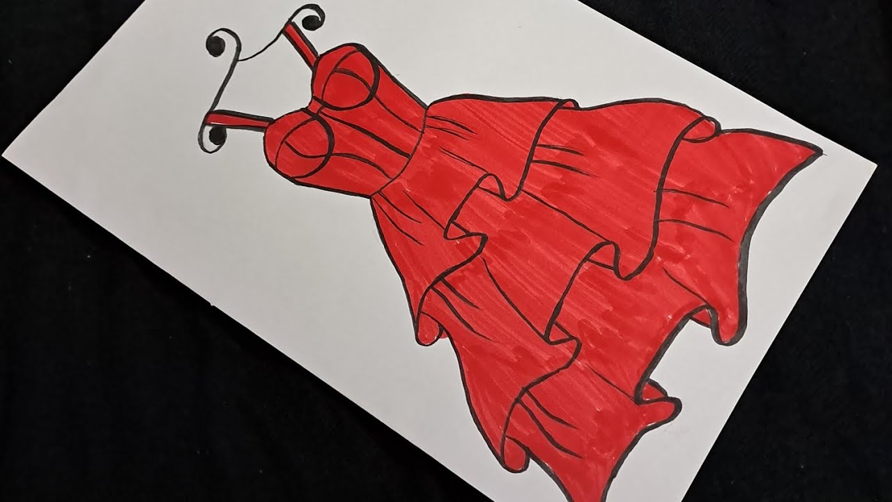 how make a beautiful frock| how to draw a red dress drawing step by ...