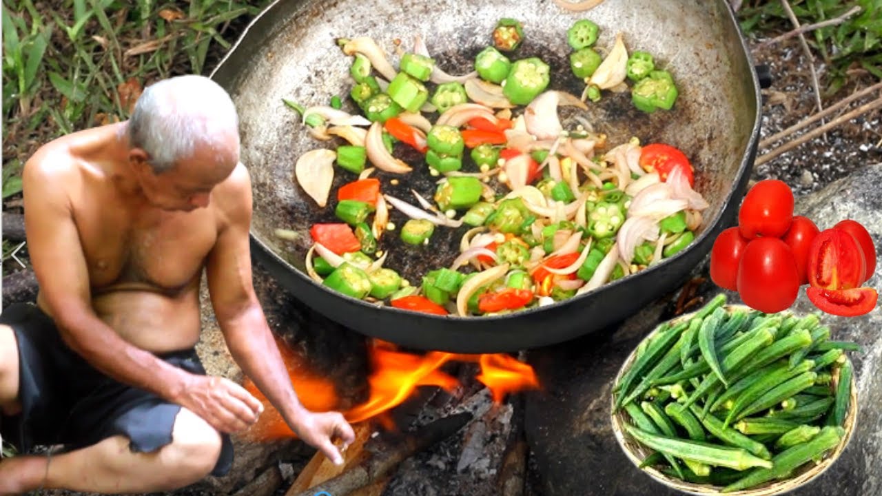 cooking okra with chicken eggs using different method - primitive food ...