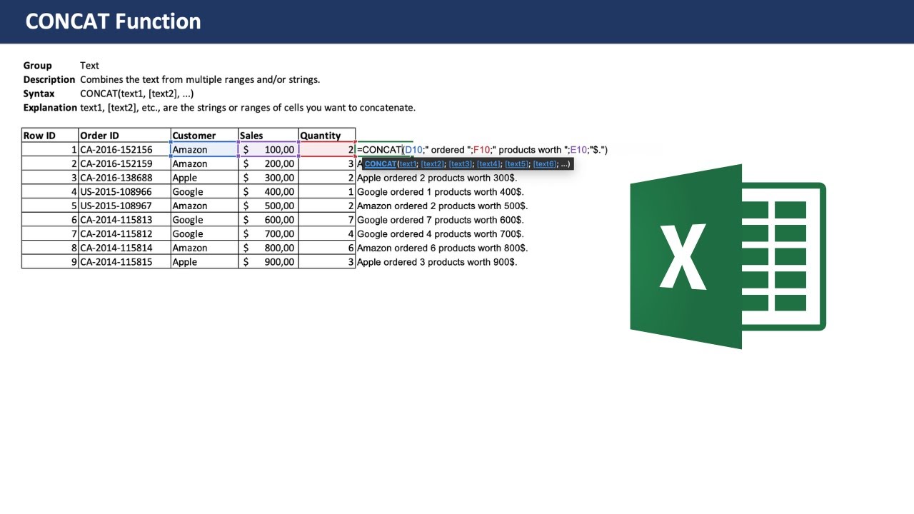 Excel CONCAT Function - Beginner Tutorial with examples - YouTube