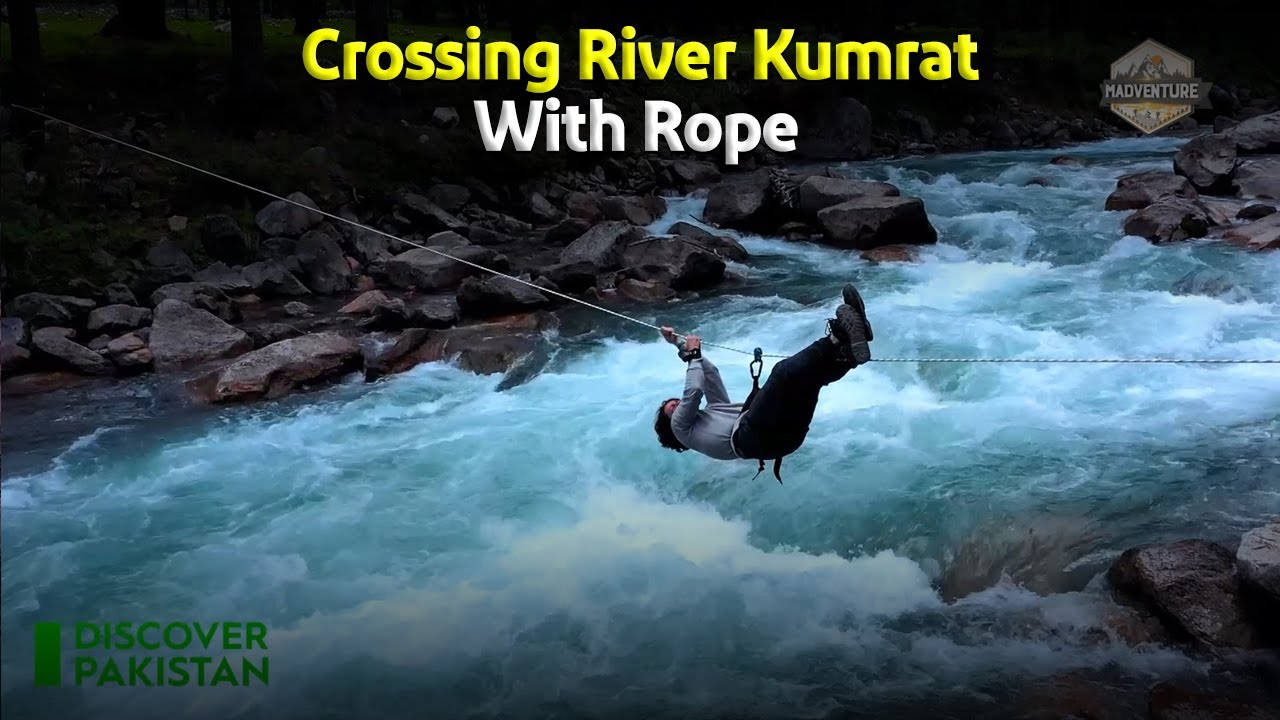 Dangerous Tyrolean traverse on high stream Kumrat river | Crossing ...