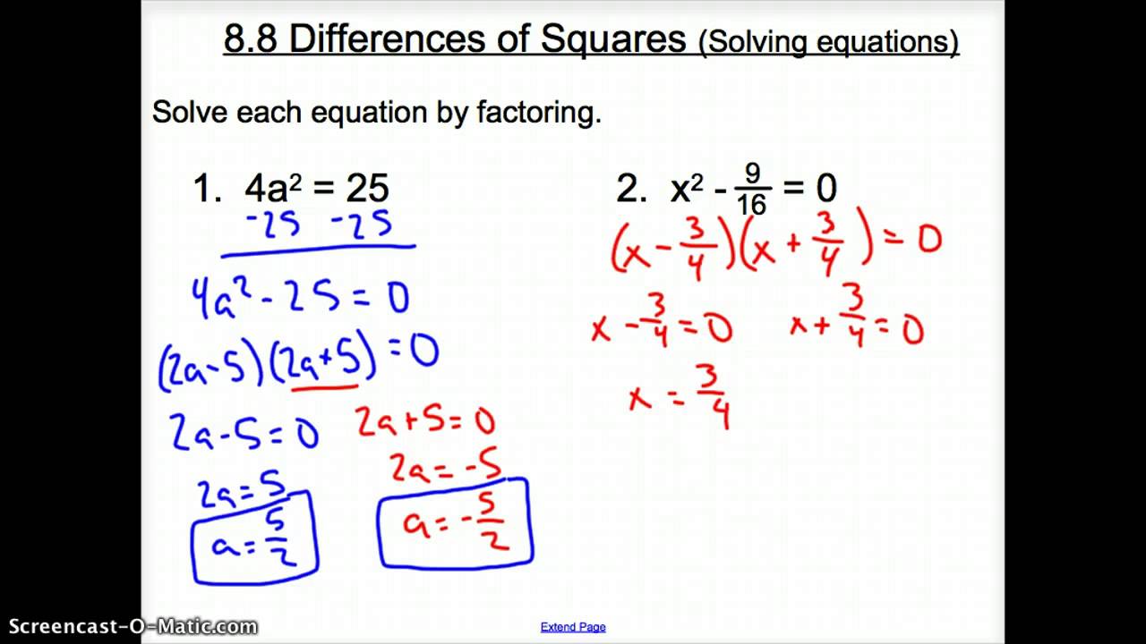 8.8 Differences of Squares(Solving Equations) - YouTube