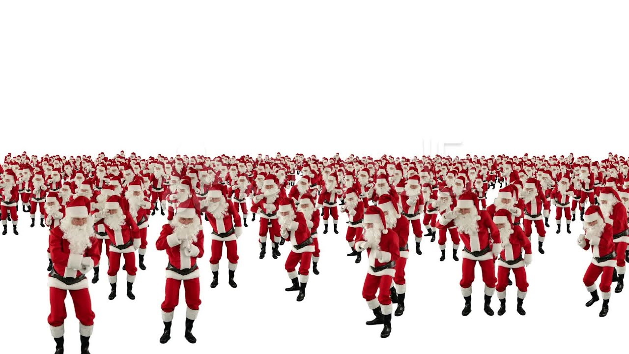 Santa Claus Crowd Dancing, Christmas Party Cam Fly Over, Against White ...