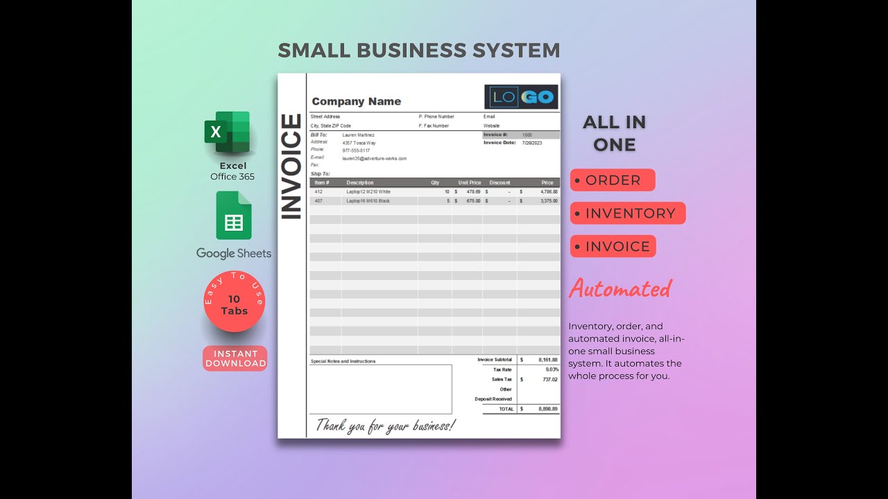 Excel smart invoice template, Google sheets template, instant download - YouTube